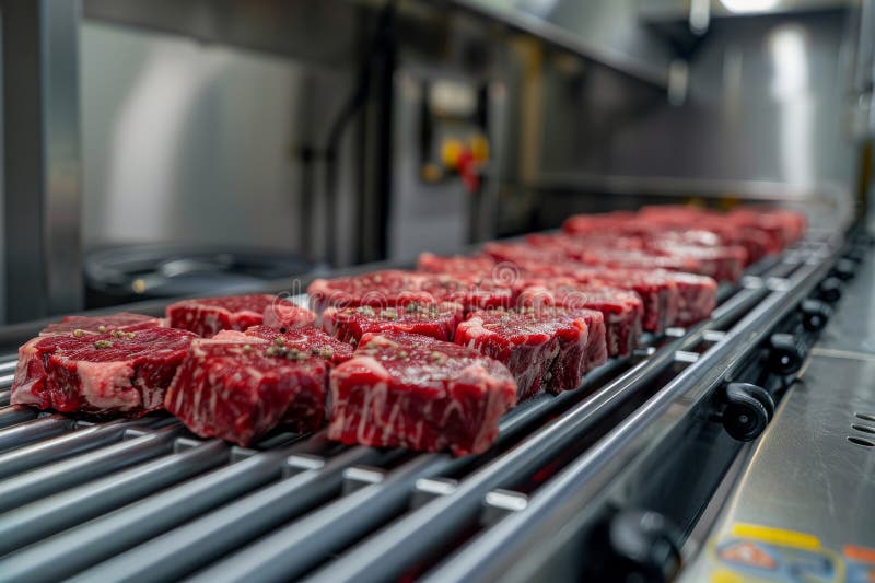 High-resolution Image of Fresh Raw Steaks on a Conveyor Belt in a Meat ...