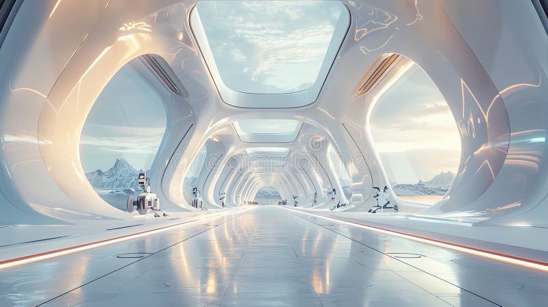 Futuristic Minimalist Corridor with Advanced Technology and Panoramic ...