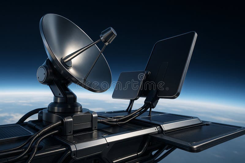 Futuristic Satellite Antenna Array Orbiting Earth in Space Stock ...