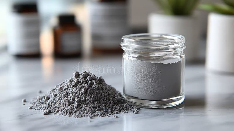 High-Resolution Image of Gray Powder in a Glass Container beside a ...