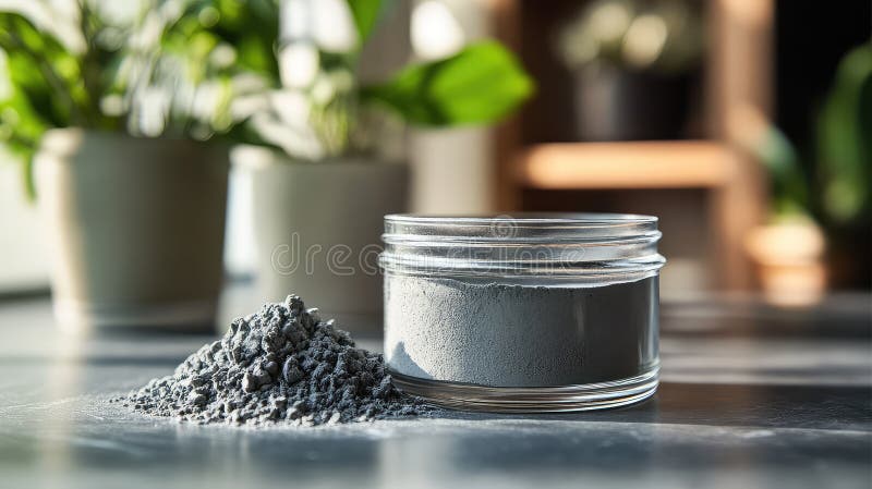 High-Resolution Image of Gray Powder in a Glass Container beside a ...
