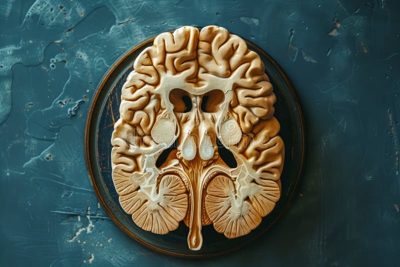 High Resolution Image of a Human Brain Model on a Black Plate Against a ...
