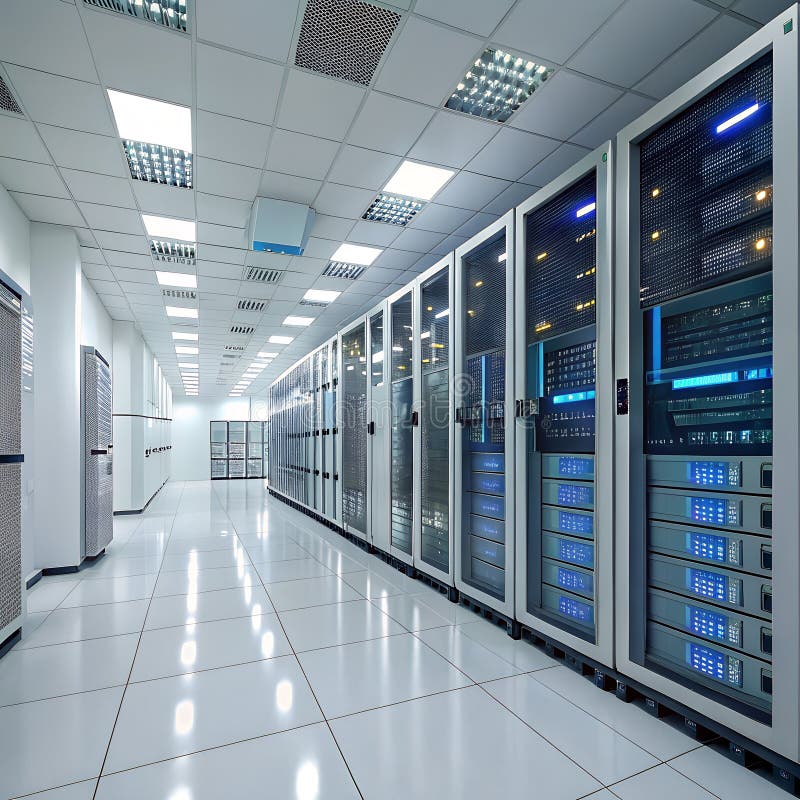 Modern Data Center with Rows of Network Servers and LED Indicators ...