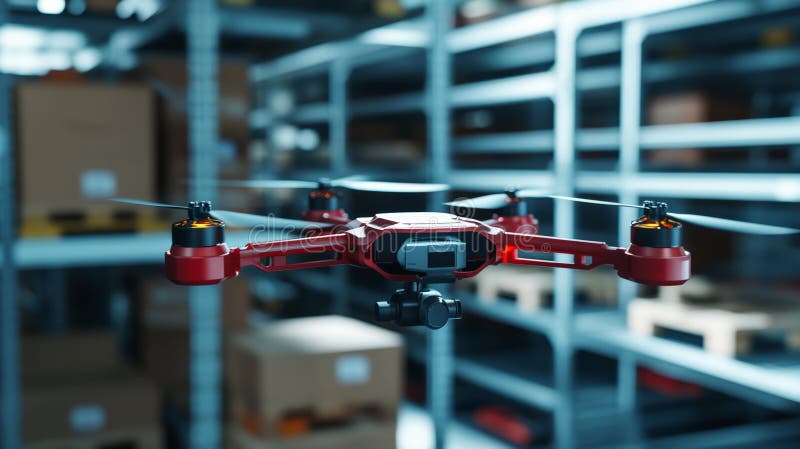 High-Resolution Image of a Modern Red Drone Flying Inside a Warehouse ...