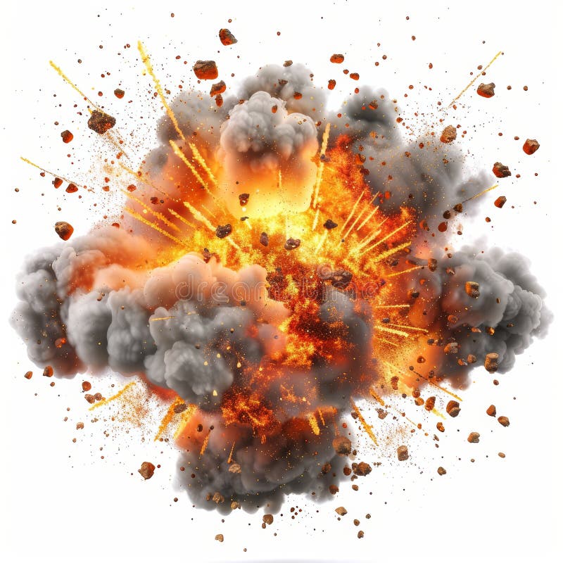 Dynamic Explosion with Fiery Blast and Debris in MidAir on White ...