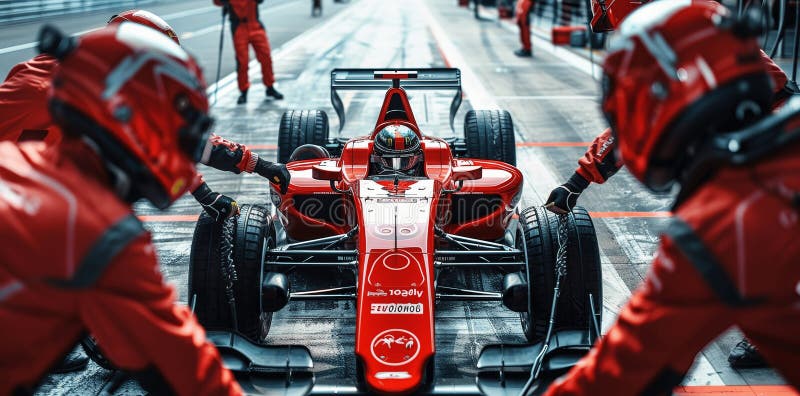High-Resolution Image of Red F2 Race Car in Pit Stop Showing Teamwork ...
