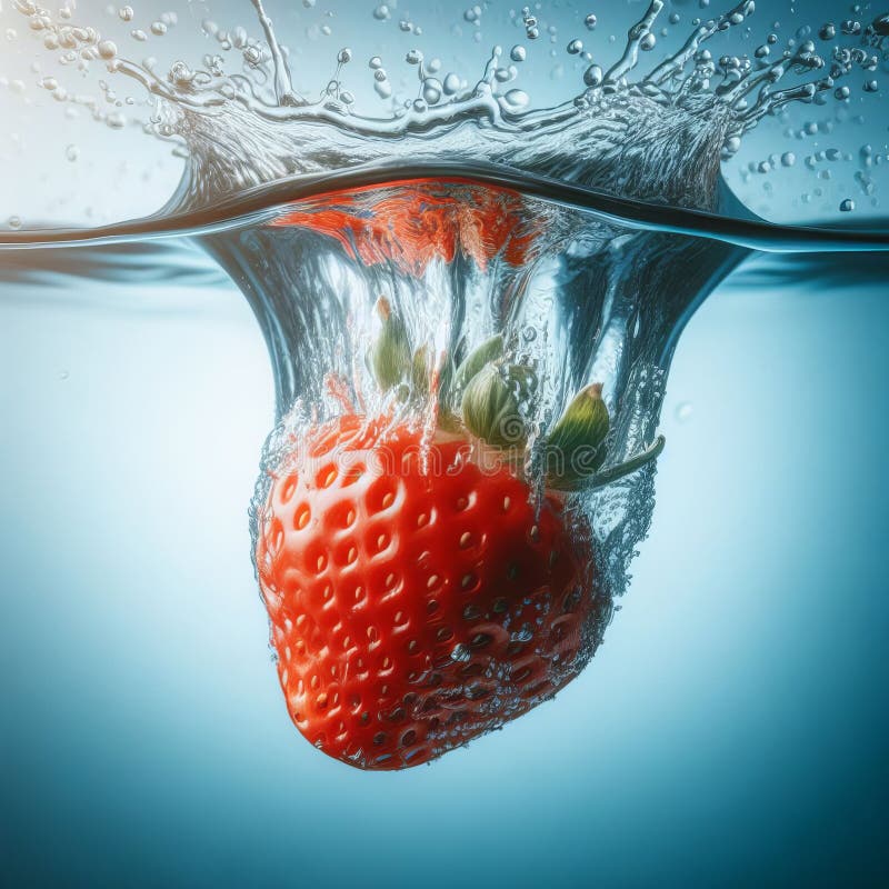 A High-resolution Image of a Red Strawberry Splashing into Blue Water ...