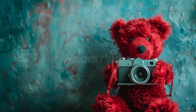 A Red Teddy Bear Holding a Toy Camera, Stock Illustration ...