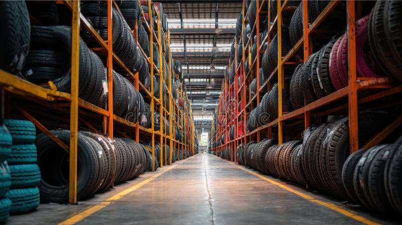 A Stunning Image of Rows of Industrial Tires Stacked on Racks in a ...