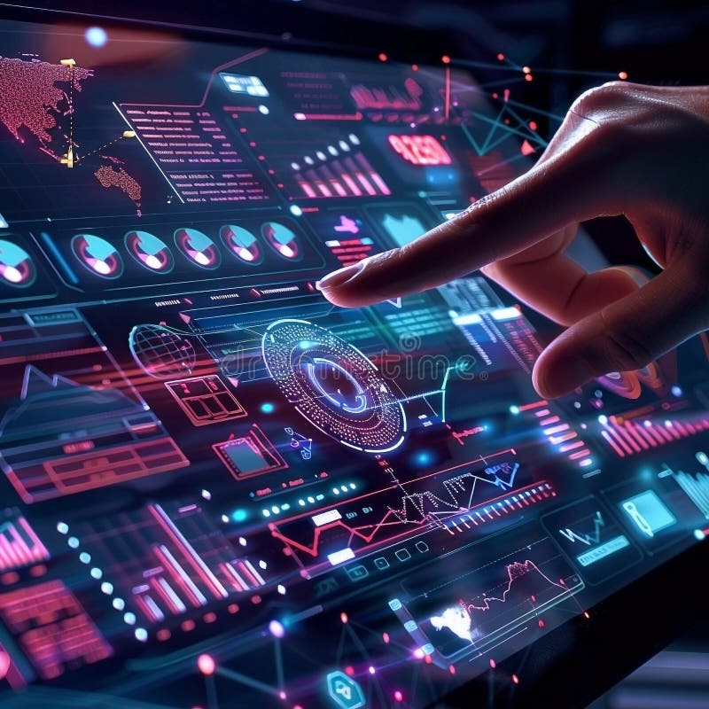 Hand Interacting with Futuristic Digital Data and Charts Interface ...