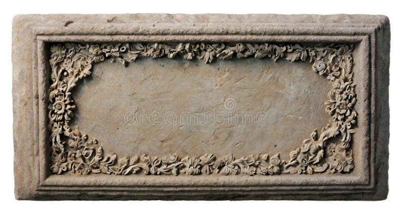 Rectangular Ornate Stone Plaque with Floral Embellishments Isolated in ...