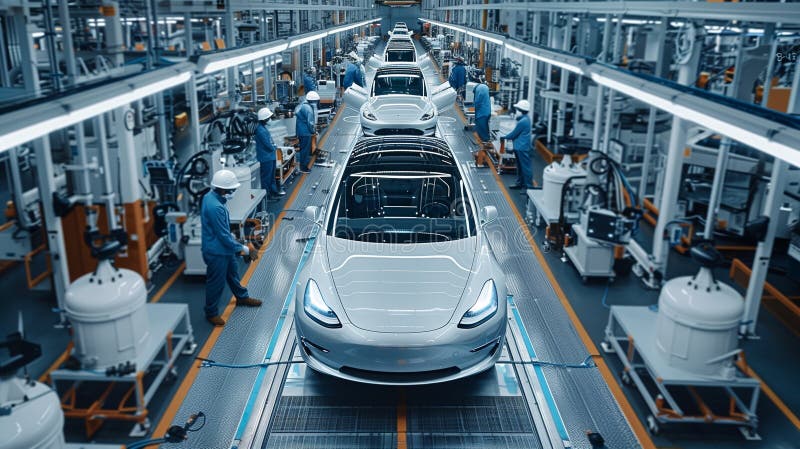 Electric Car Assembly Line in High-Tech Manufacturing Facility Stock ...