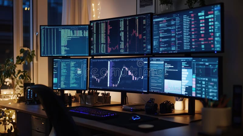 Trading Terminal Screen on Modern Desk with Stylish Keyboard and Mouse ...