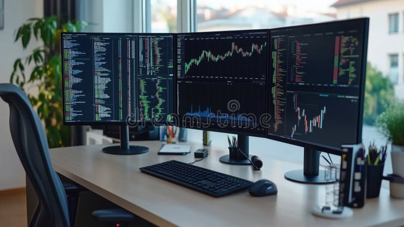 Trading Terminal Screen on Modern Desk with Stylish Keyboard and Mouse ...