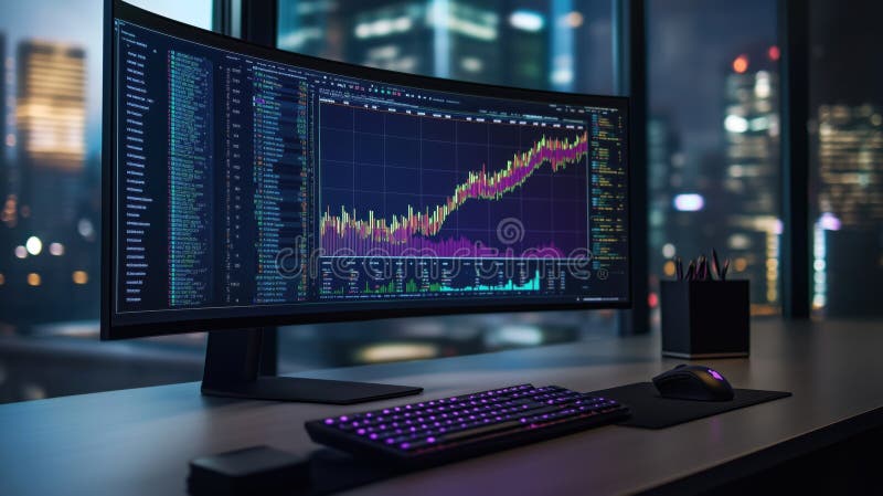 Trading Terminal Screen on Modern Desk with Stylish Keyboard and Mouse ...