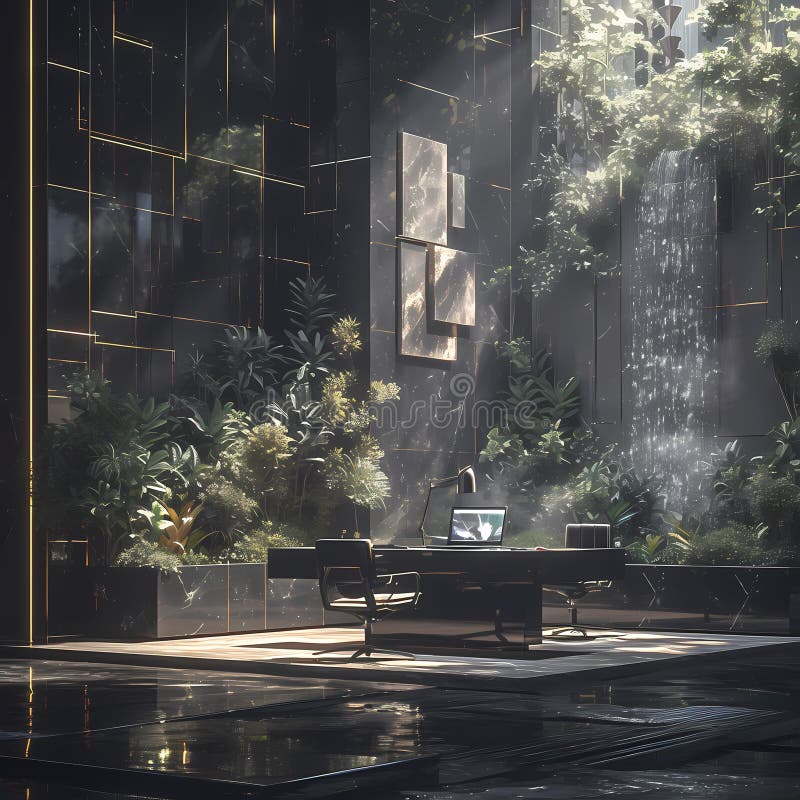 Premium Office Oasis with Waterfall and Plant-Filled Atrium Stock ...