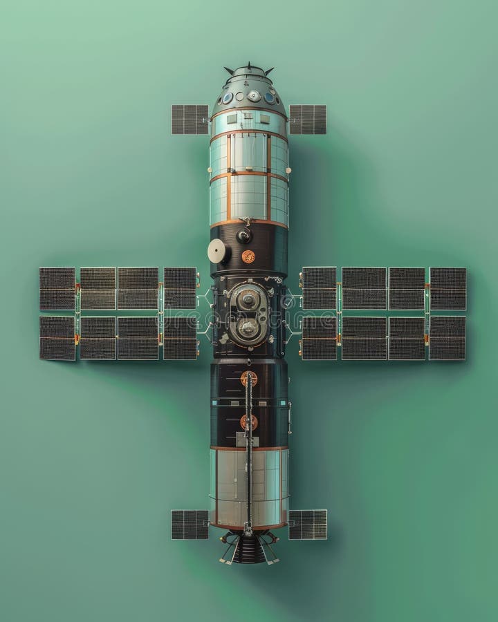 High Resolution Image of Space Satellite with Solar Panels on Green ...