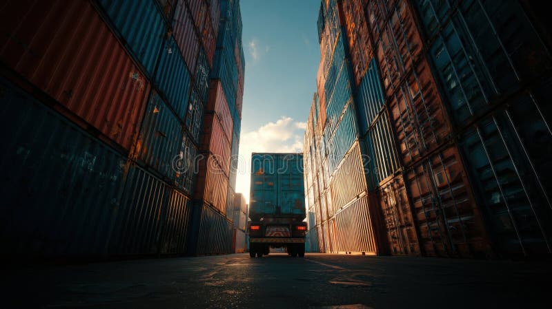 A Stunning Image of Truck Navigating Narrow Passageway Amidst Stacks of ...