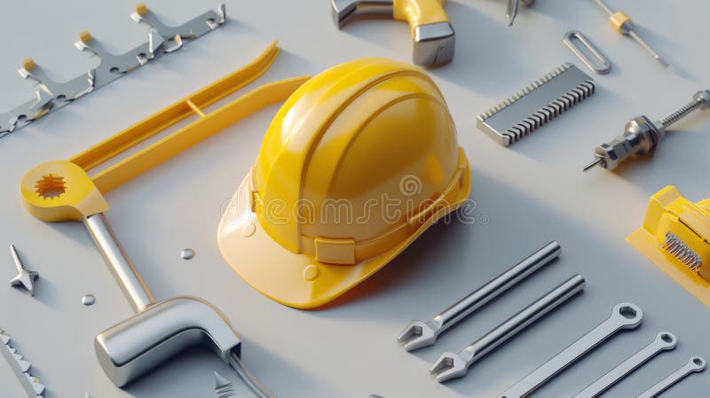 Realistic Construction Tools and Yellow Hard Hat on Gray Surface ...