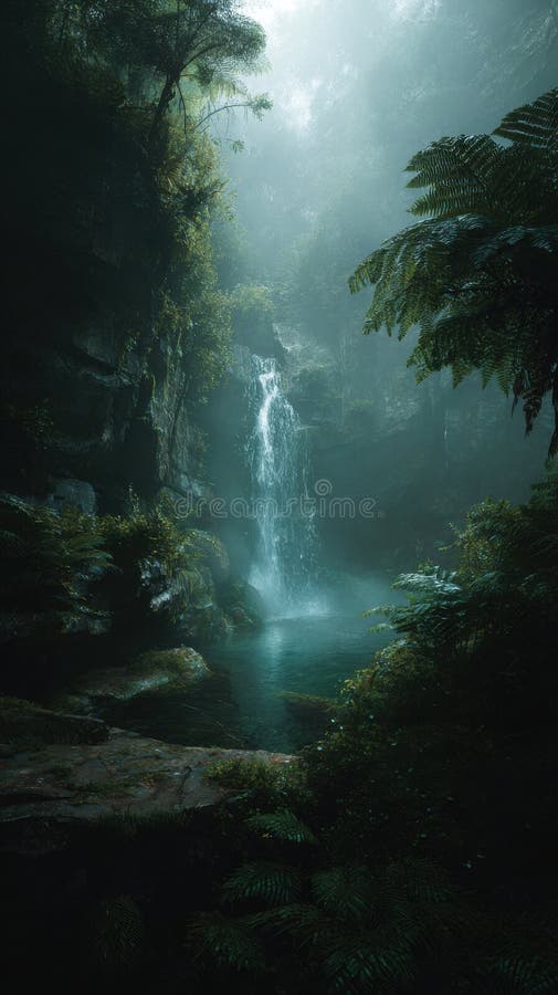 A 4K Photo of Waterfall Inside a Deep Jungle, Morning Mist. Stock Image ...