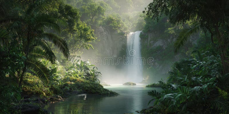 A Stunning Image of Waterfall Inside a Deep Jungle, Morning Mist. Stock ...