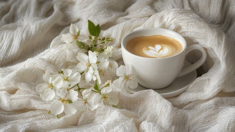 A Stunning Image of White Coffee Cup with Spring Blossoms and Knitted ...