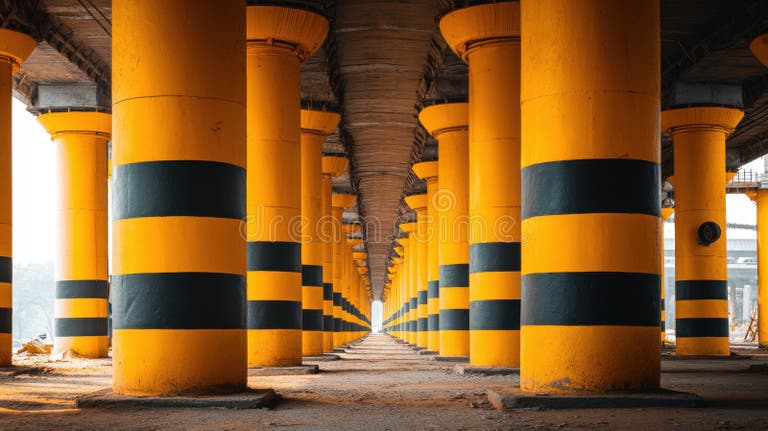 A Stunning Image of Yellow Pillars with Black Stripes Supporting Infrastructure Structure. Stock ...