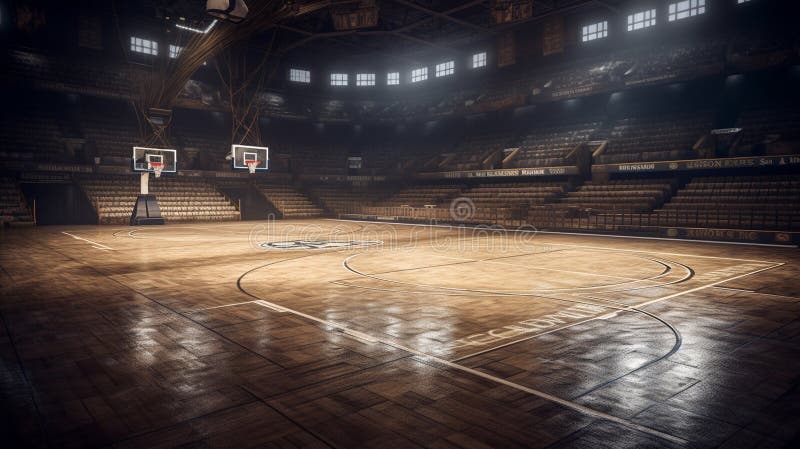 Basketball Court with Empty Floor and Lights. 3D Rendering Stock ...