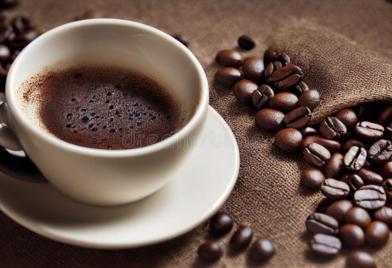 Coffee Cup and Coffee Beans on a Black Background, Top View Stock ...