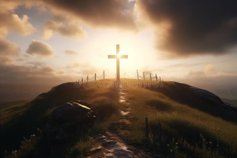 A Cross on a Hill with the Sun Behind it Stock Illustration ...