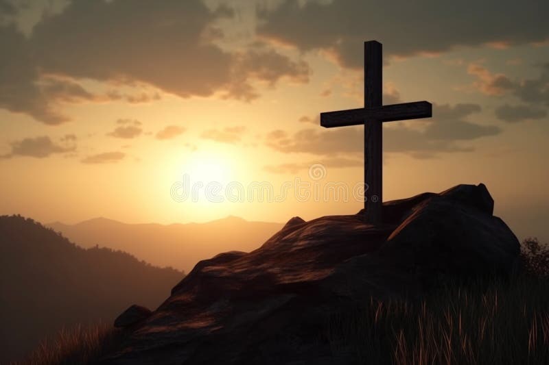Cross on the Top of the Mountain at Sunset. 3d Render Stock ...