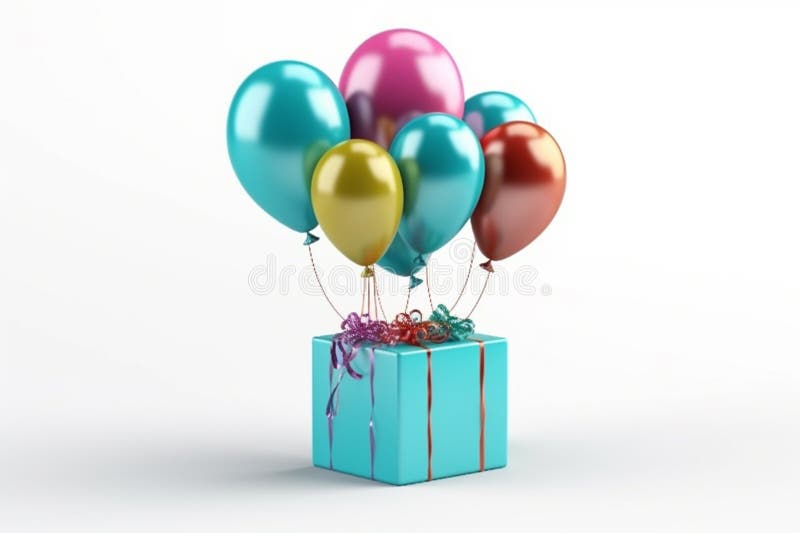 3d Render of Gift Box with Balloons and Confetti on White Background ...