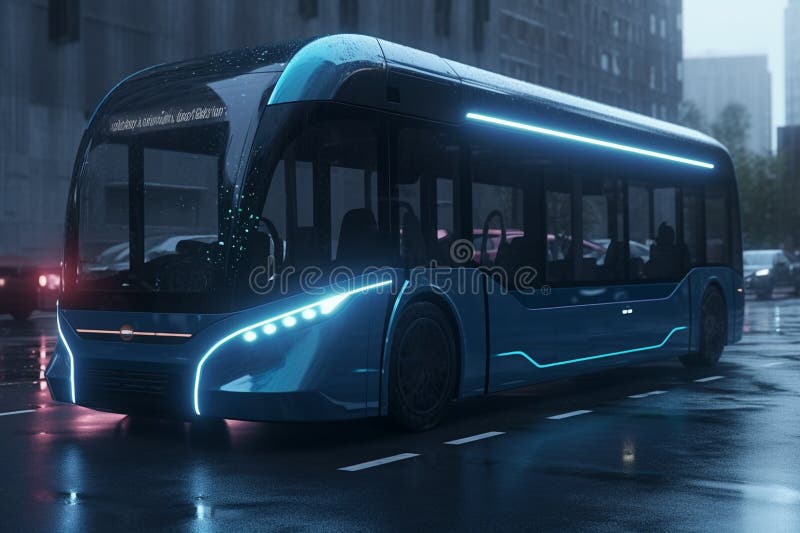 3D Rendering of a Modern Electric Bus in the City at Night Stock ...