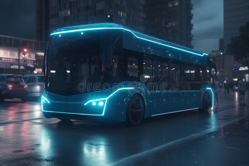 3D Rendering of a Modern Electric Bus in the City at Night Stock ...