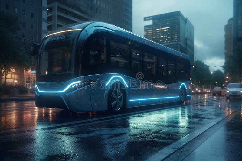 3D Rendering of a Modern Electric Bus in the City at Night Stock ...