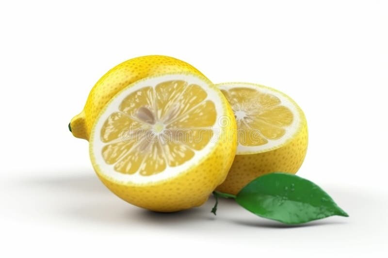 Lemon with a Cut in Half Sits on a White Surfa, Lemon Green Leaves on ...