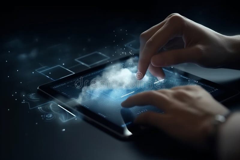 A Person Using a Tablet with the Word Cloud on the Screen Stock Image ...