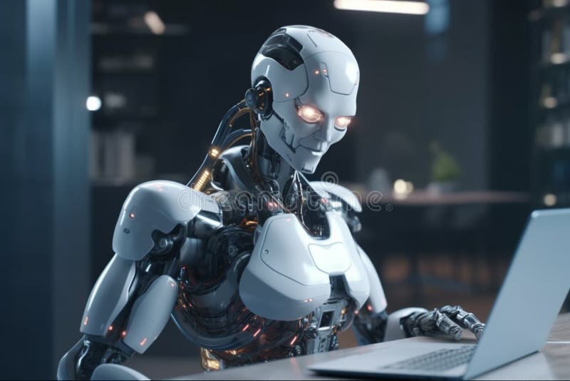 A Robot Sits at a Desk with a Computer Screen Desk in an Office Room ...