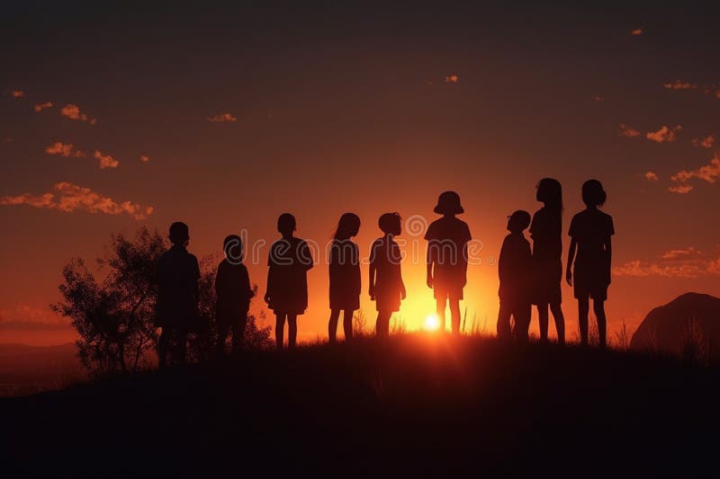 Silhouette of a Group of Children in the Field at Sunset Stock ...