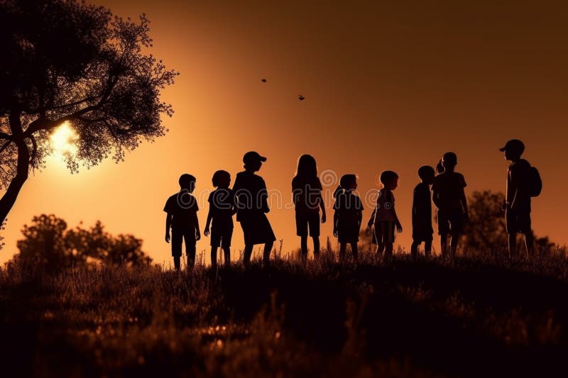 Silhouette of a Group of Children in the Field at Sunset Stock ...
