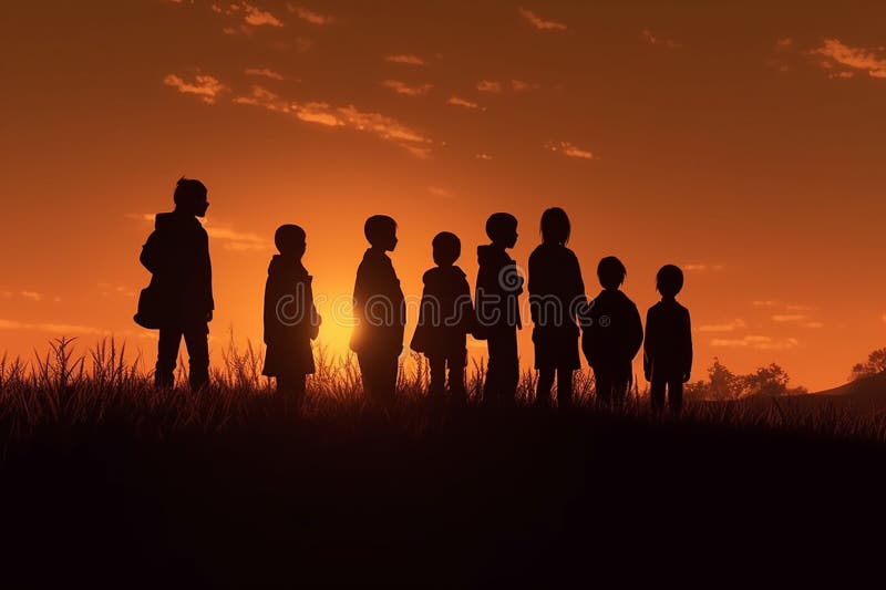 Silhouette of a Group of Children in the Field at Sunset Stock ...