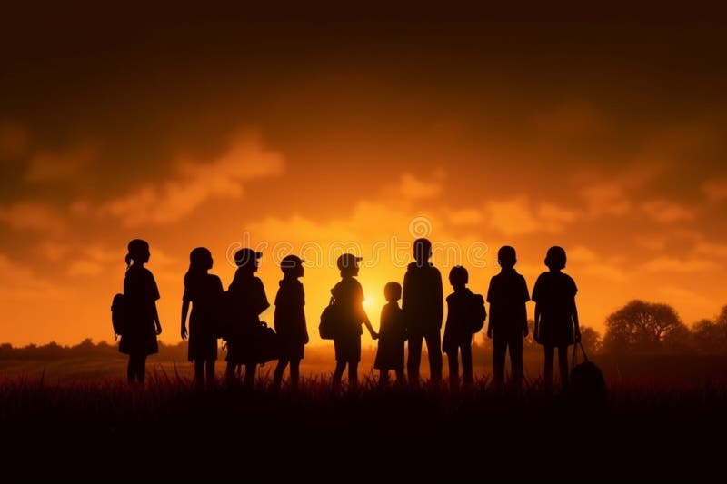 Silhouette of a Group of Children in the Field at Sunset Stock ...
