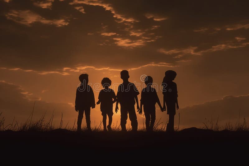 Silhouette of a Group of Children in the Field at Sunset Stock ...