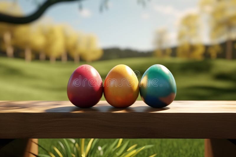Three Colorful Easter Eggs Sit on a Wooden Bench in a Field Stock ...