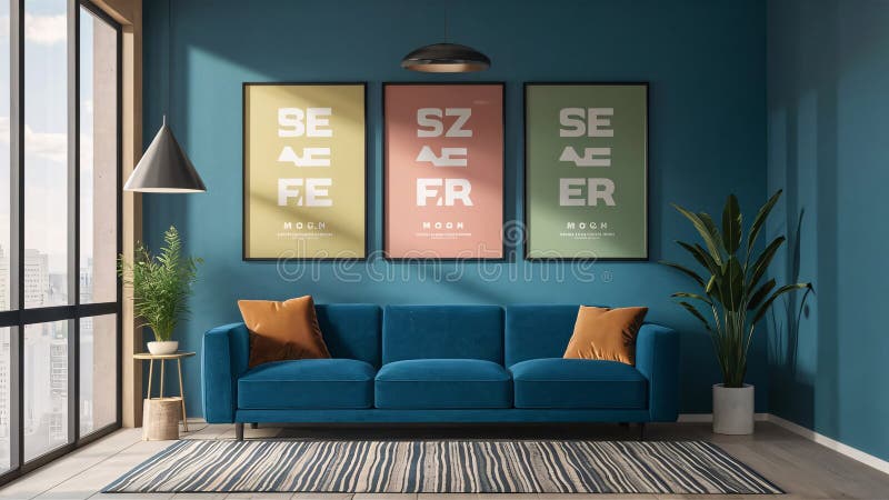 High Resolution Living Room with Three Equal Poster Frames on the Front ...