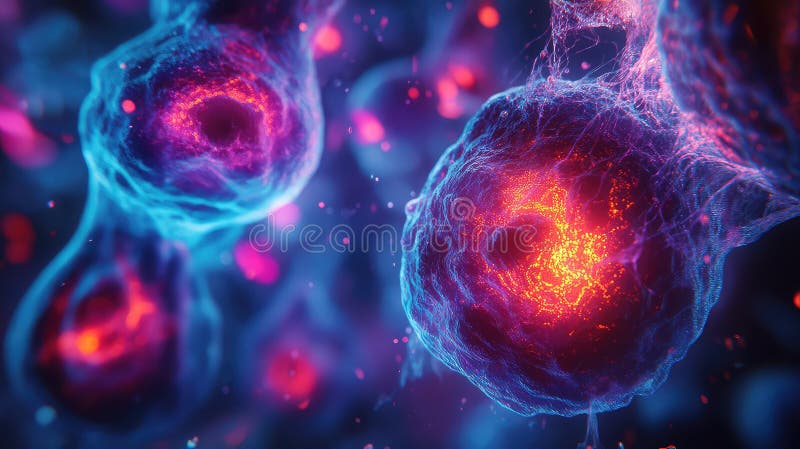 High-Resolution Microscopic Image of Cells with Vibrant Blue and Red ...