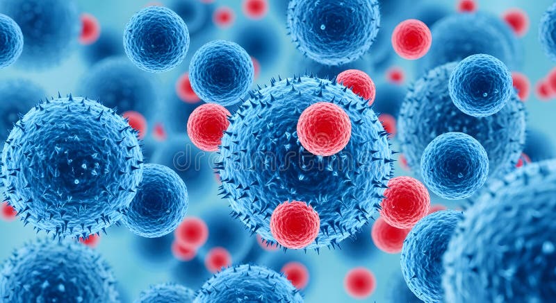 High-Resolution Microscopic View of Blue Spiky Bacteria and Red Cells ...