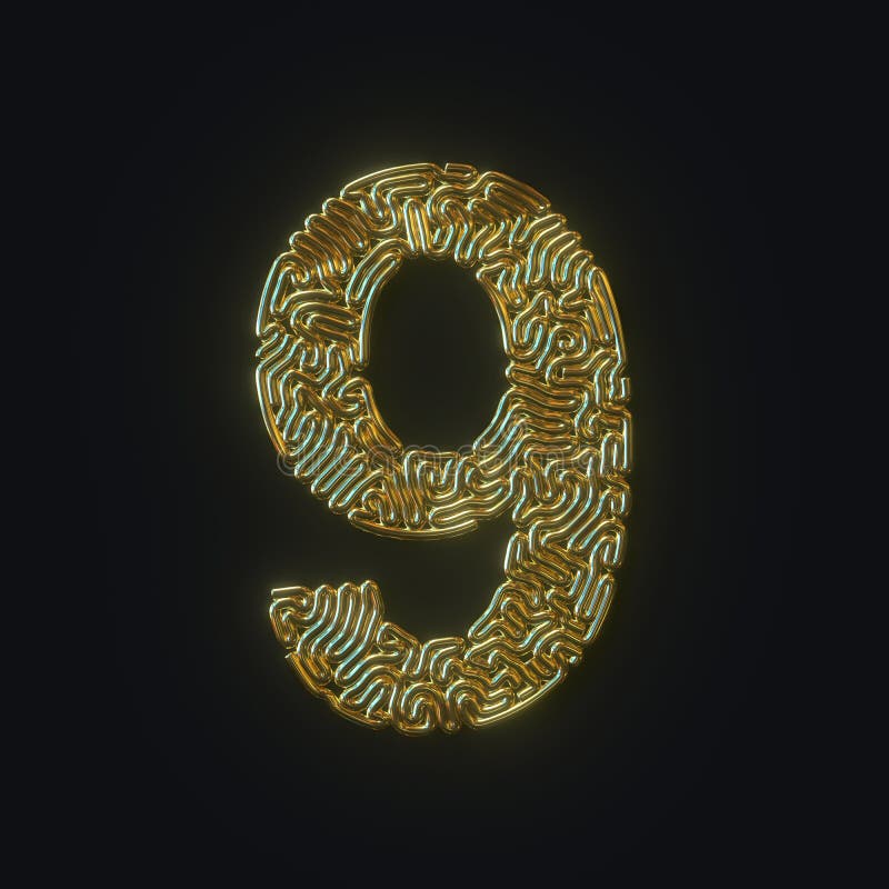 High Resolution Number 9 Nine Symbol Formed of Gold Bent Wire. 3D ...