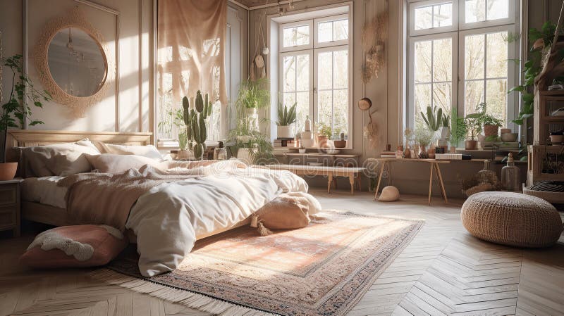 Boho Living Room Interior with Light and Bright Atmosphere Stock ...