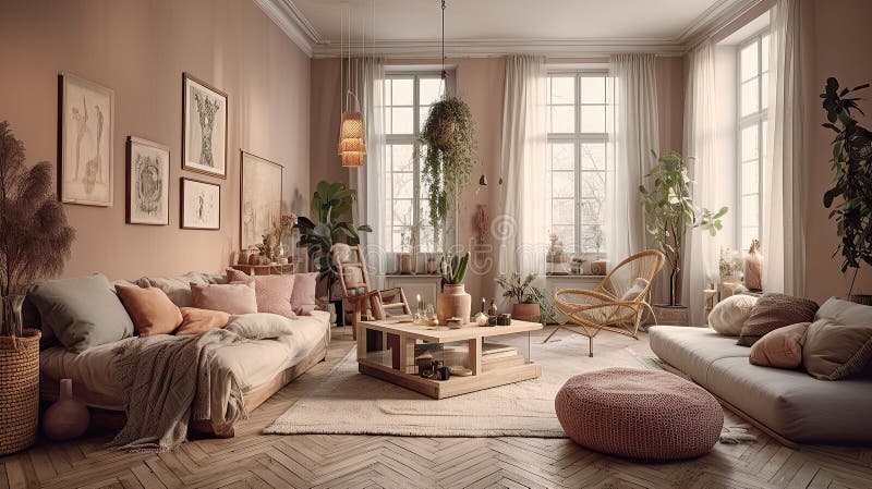 Boho Living Room Interior with Light and Bright Atmosphere Stock ...